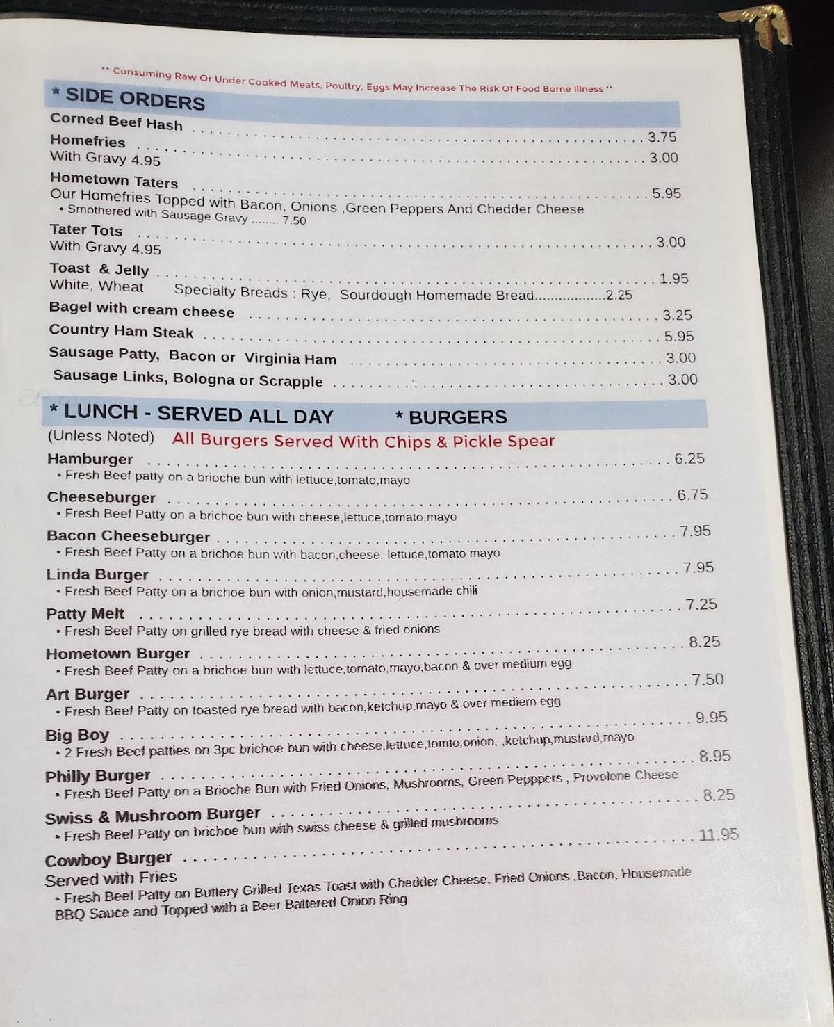 Menu at Our Hometown Diner restaurant, Front Royal