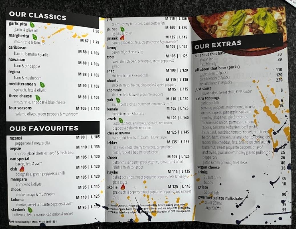 Carta de pizzería Our Pizza Place_Meadowridge, Ciudad del Cabo
