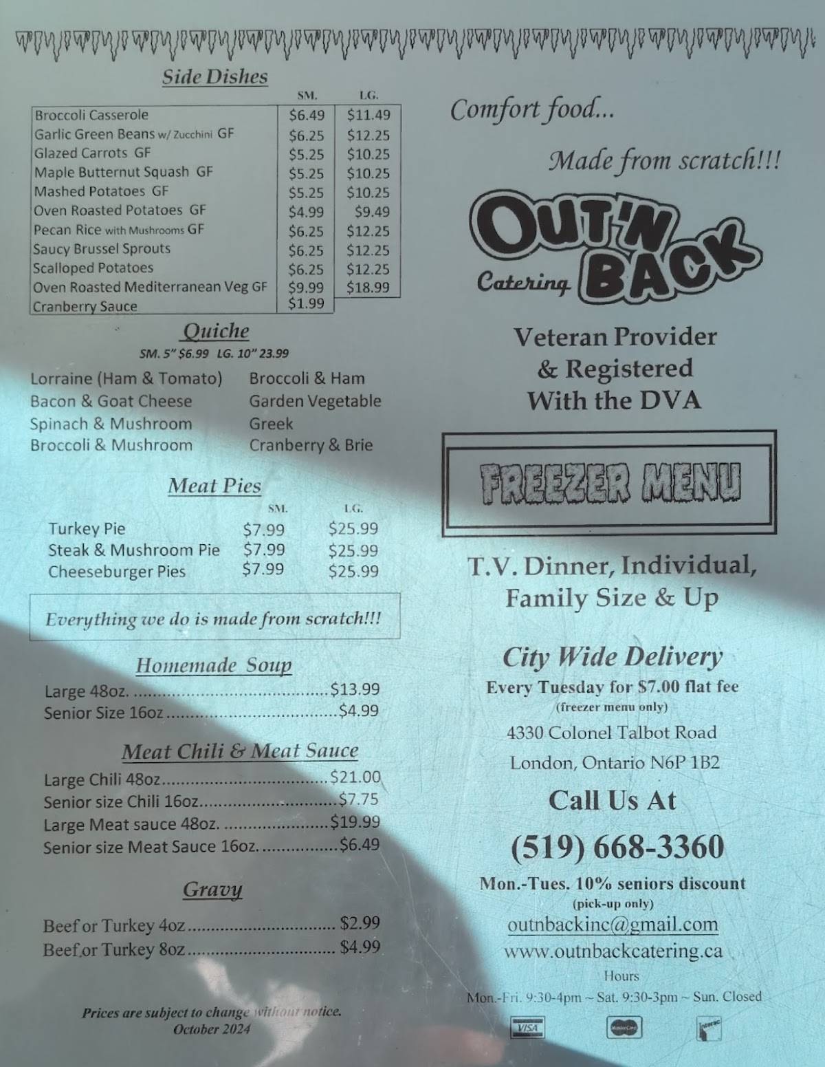 Menu at Out 'N Back Catering & Frozen Entrees restaurant, London