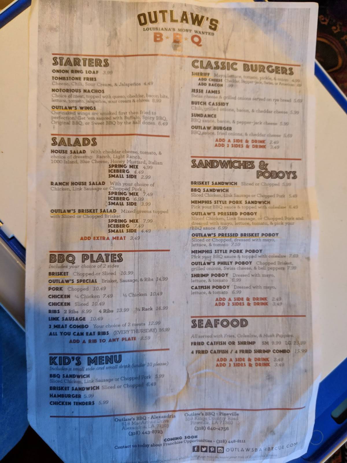 Menu at Outlaws BBQ-Alexandria, LA, Alexandria