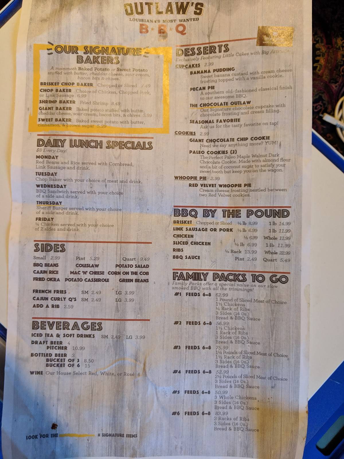 Menu at Outlaws BBQ-Alexandria, LA, Alexandria