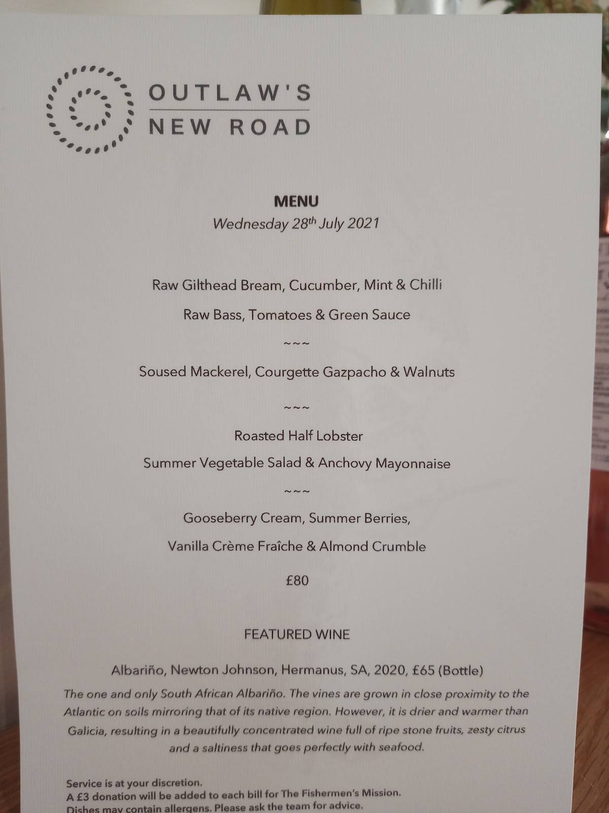 Menu at Outlaw's New Road restaurant, Port Isaac