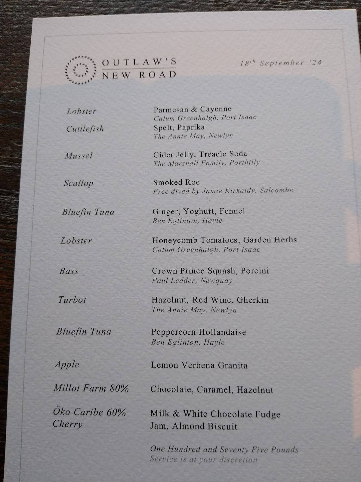 Menu at Outlaw's New Road restaurant, Port Isaac