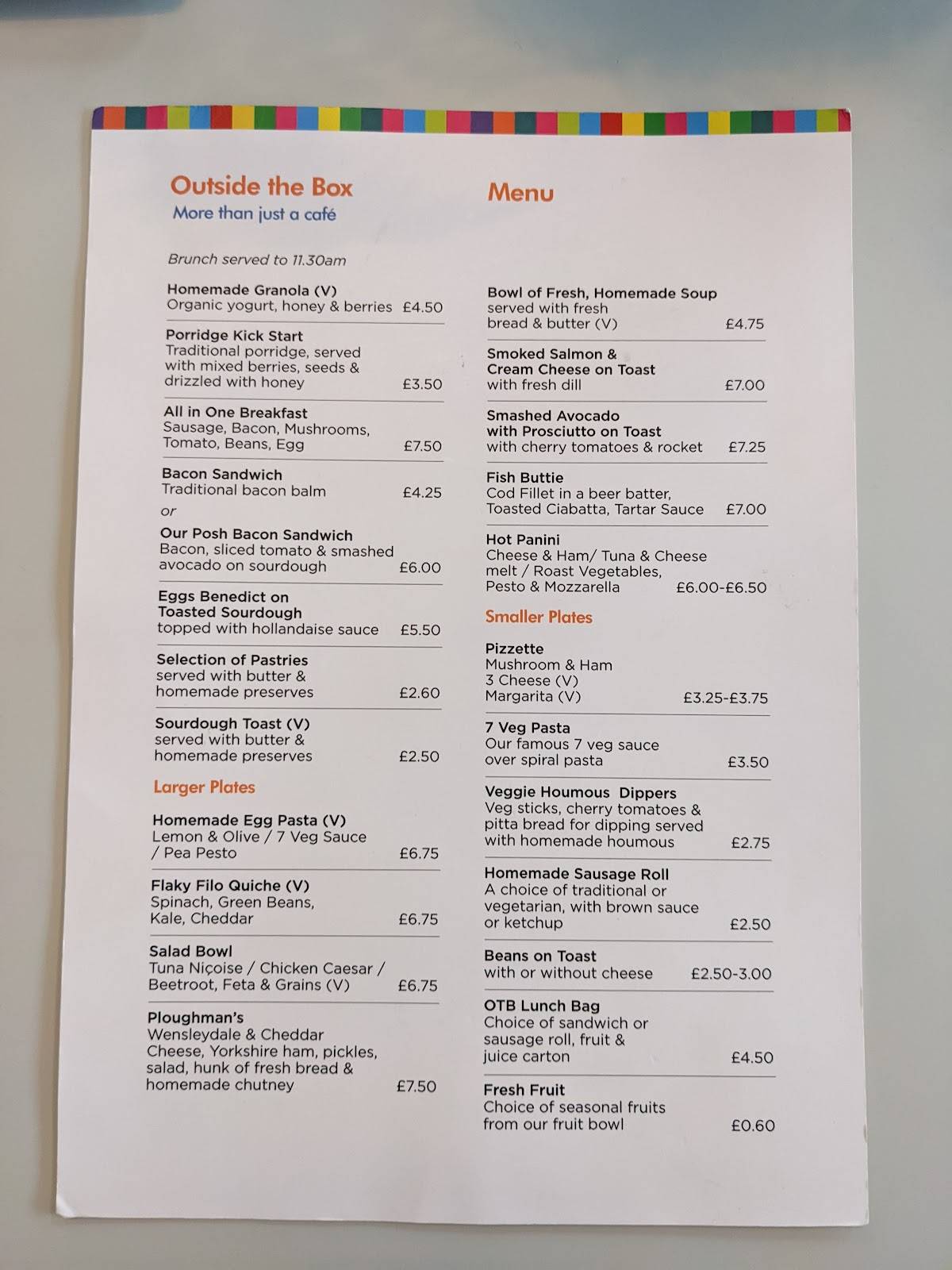 Menu at Outside The Box Cafe, Ilkley