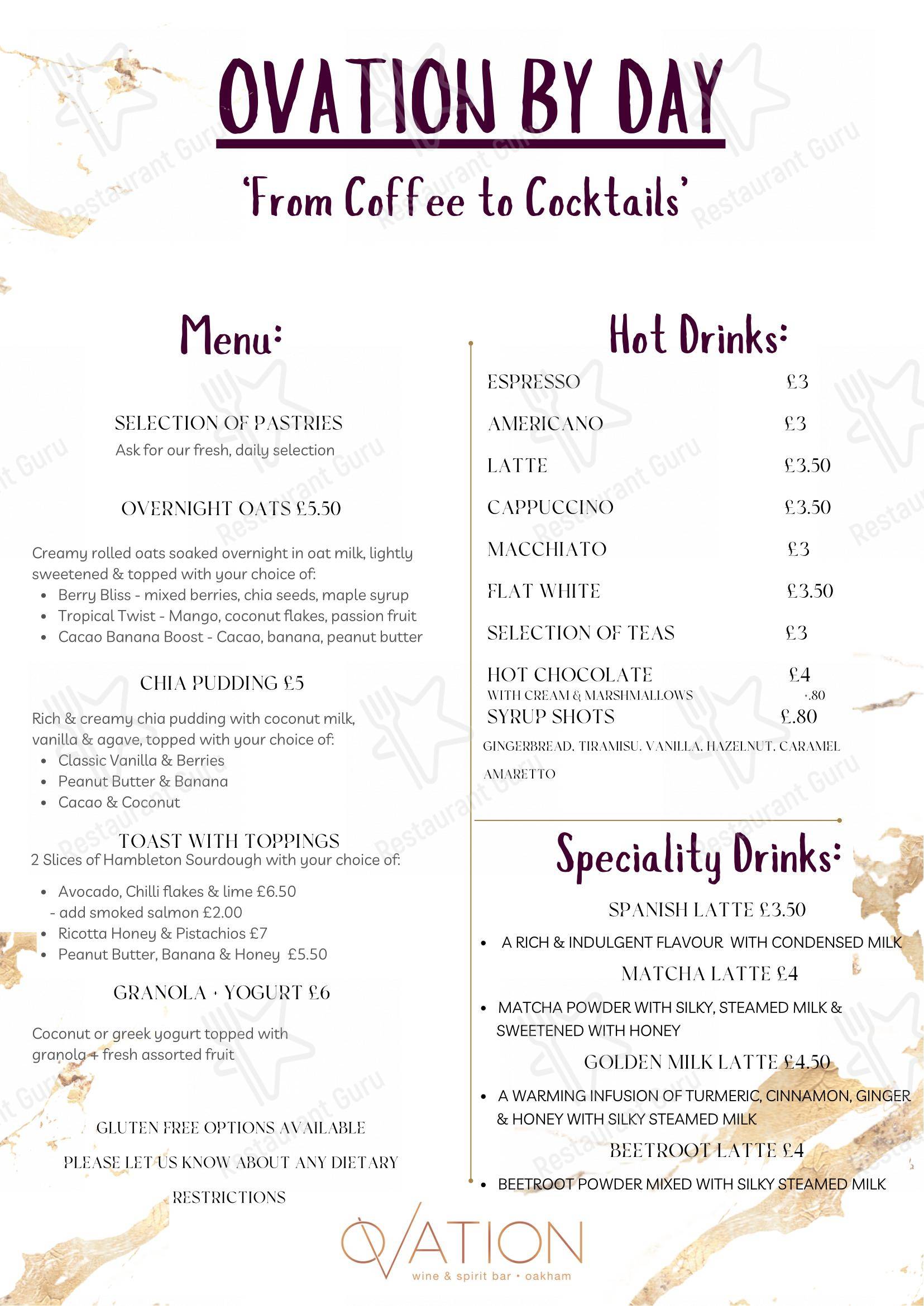 Menu at Ovation Wine & Spirit Bar, Oakham