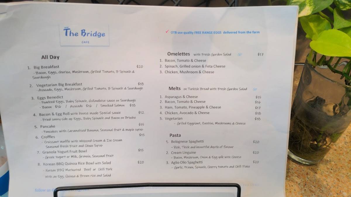 Menu at Over The Bridge cafe, Gordon