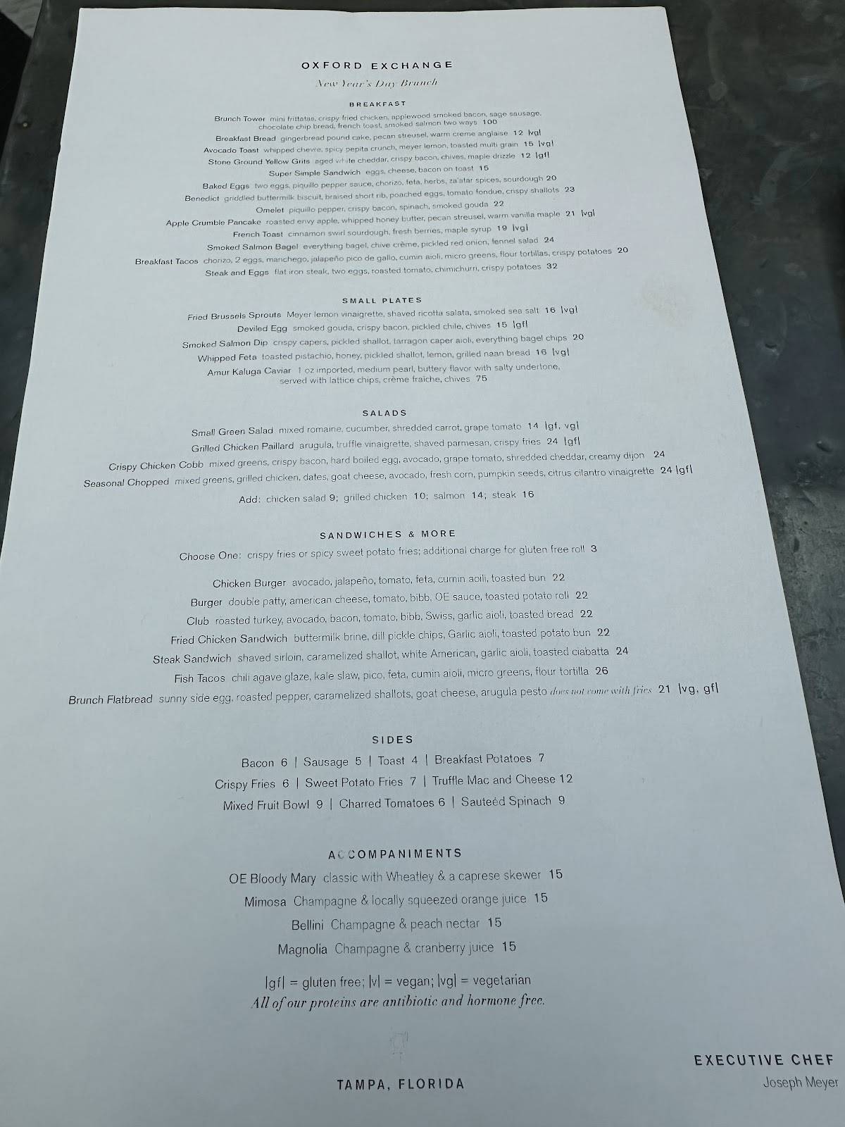 Menu at Oxford Exchange restaurant, Tampa