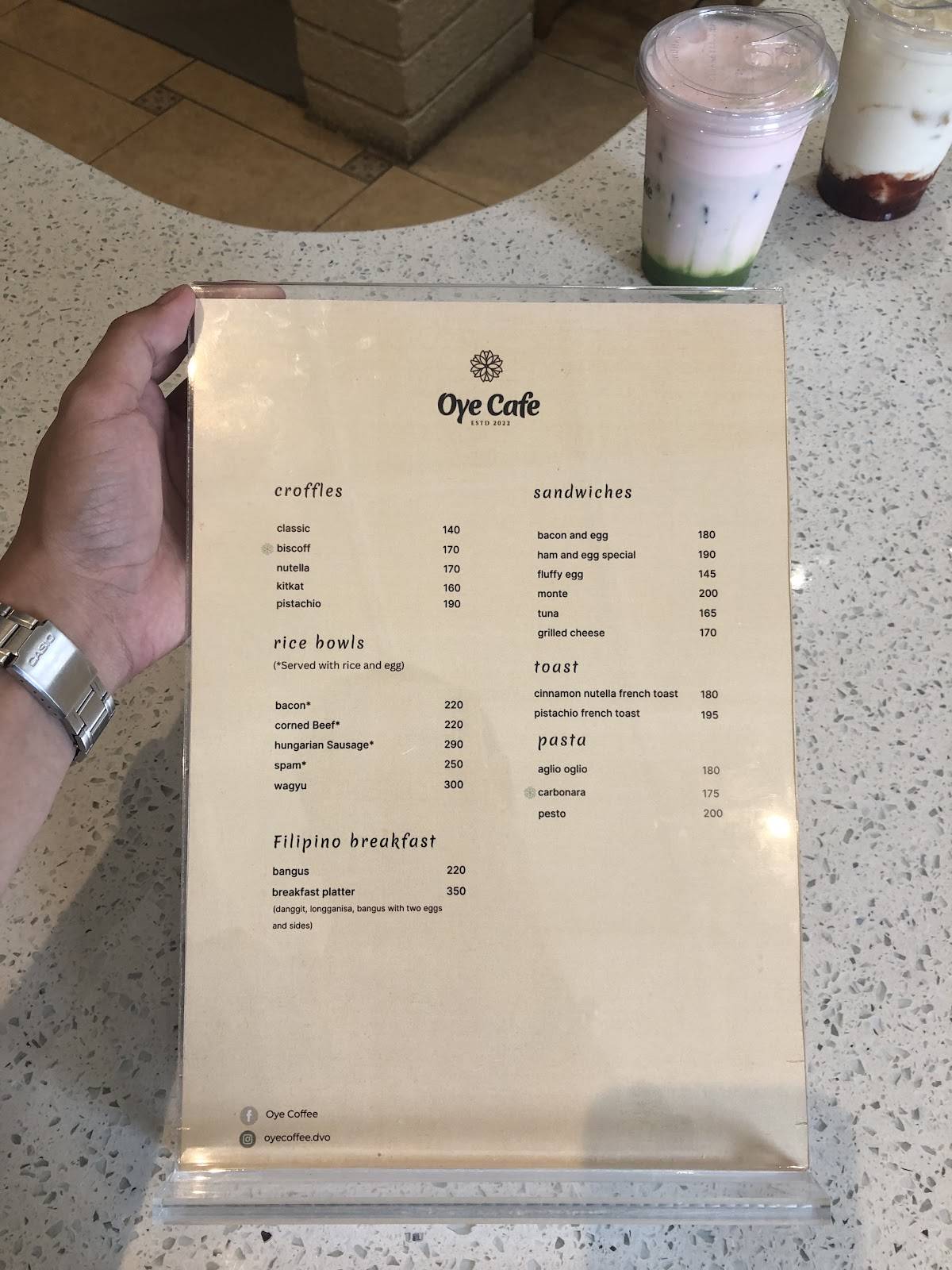 Menu at Oye Coffee cafe, Davao City