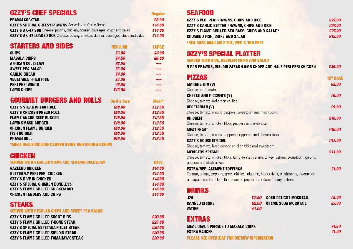 Menu at Ozzy's Flames restaurant, Leicester