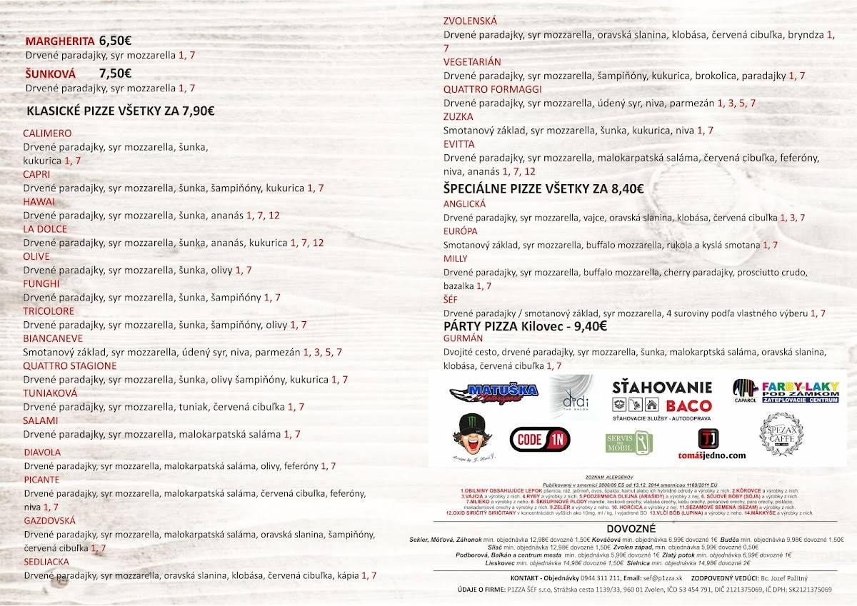 Menu at P1ZZA ŠÉF restaurant, Zvolen