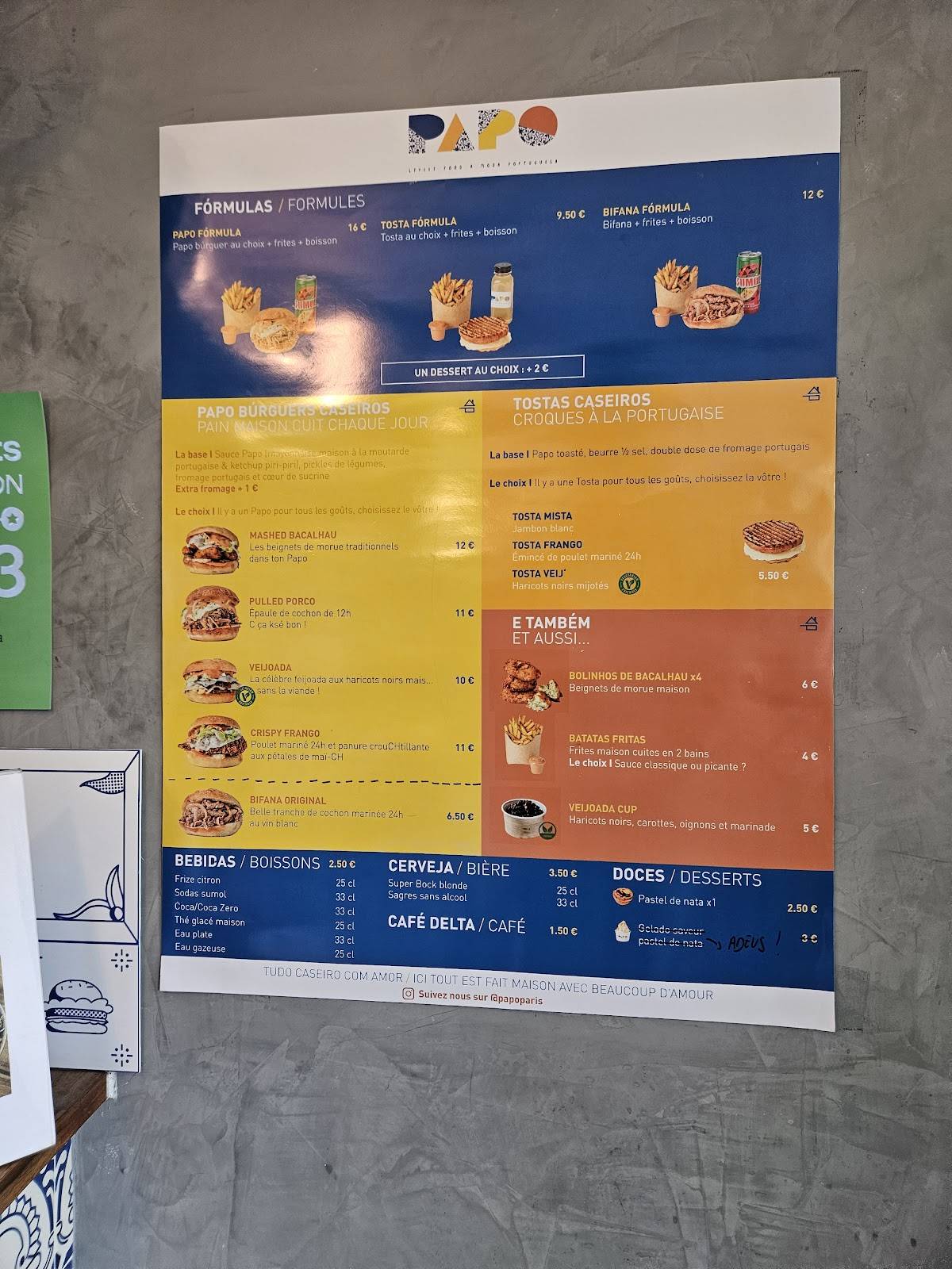 Carta del restaurante PAPO, Street food a moda portuguesa, Paris