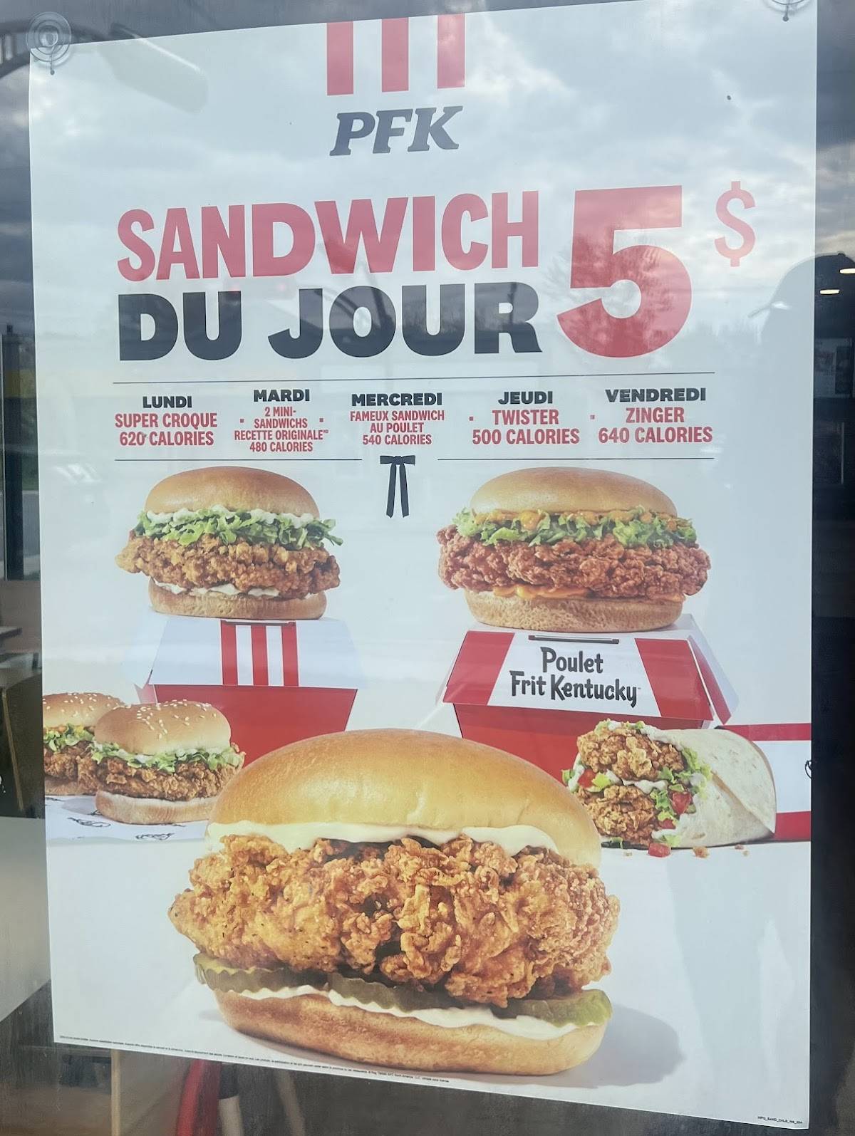 Menu at PFK restaurant, Laval, Boulevard des Laurentides