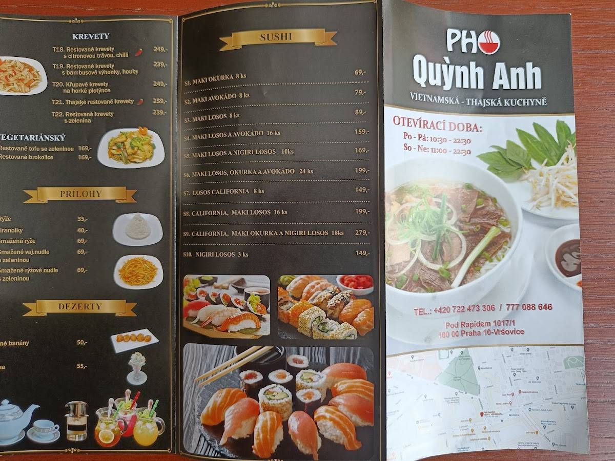 Menu at PHO Quynh Anh restaurant, Prague, Pod Rapidem 1