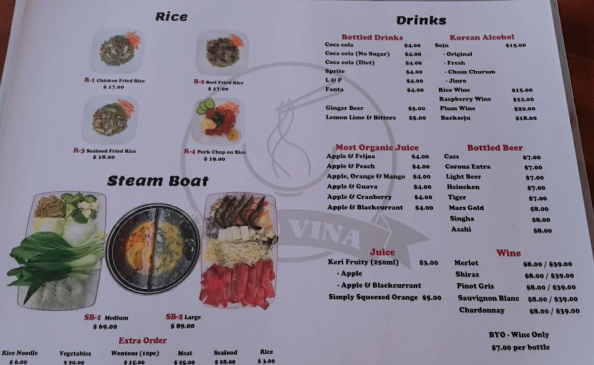 Menu at PHO VINA restaurant, Tauranga