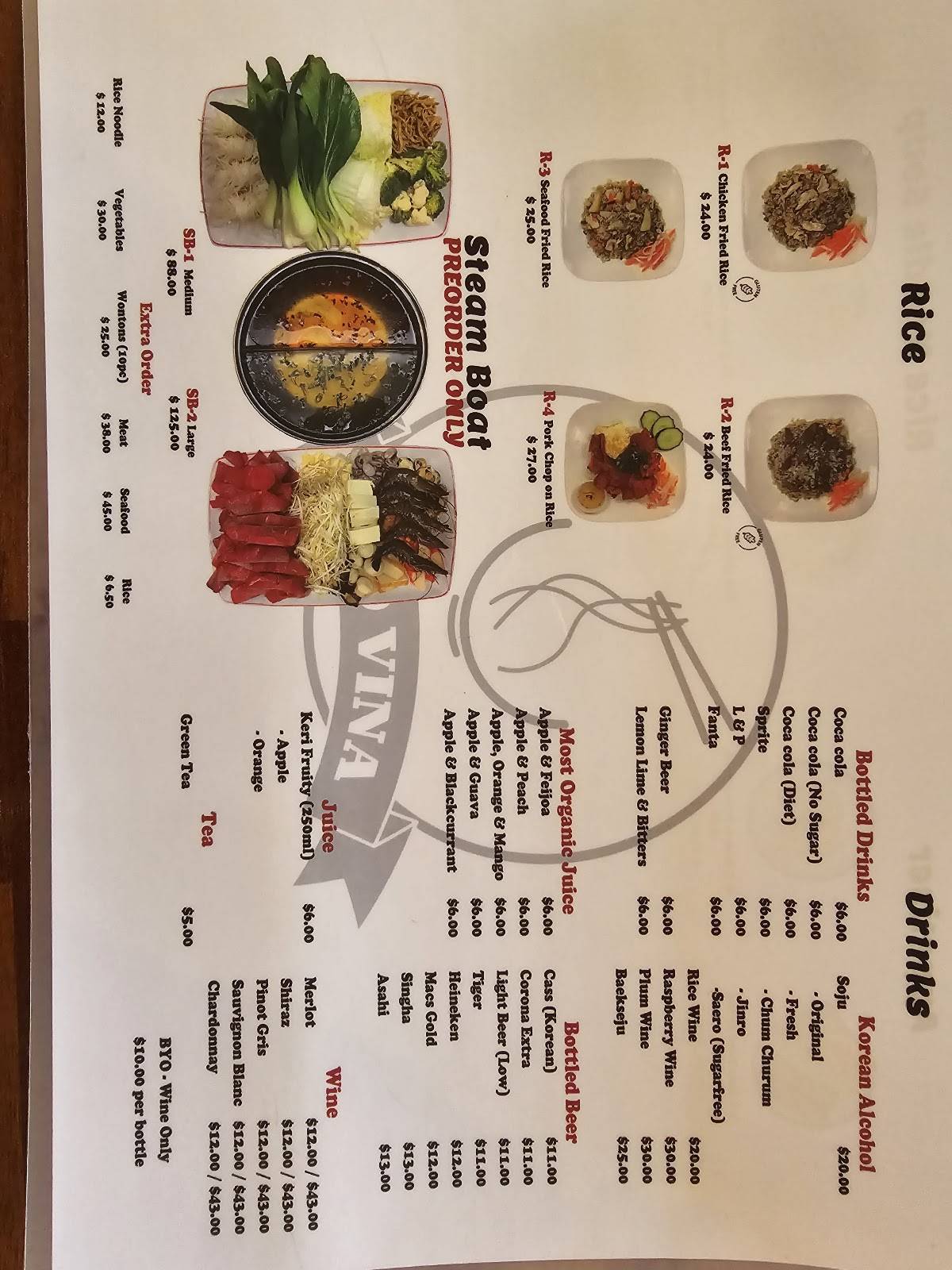 Menu at PHO VINA restaurant, Tauranga