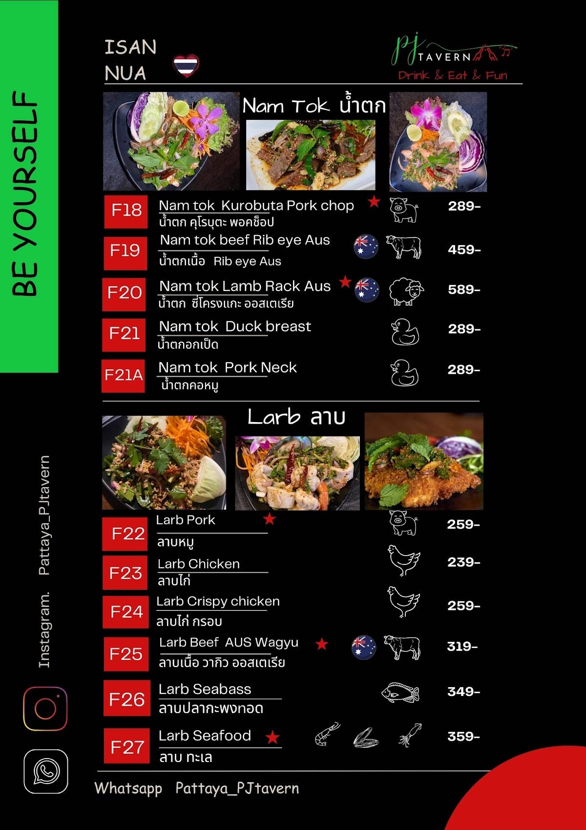 Menu at PJ Tavern Restaurant Thai food Pattaya, Pattaya City
