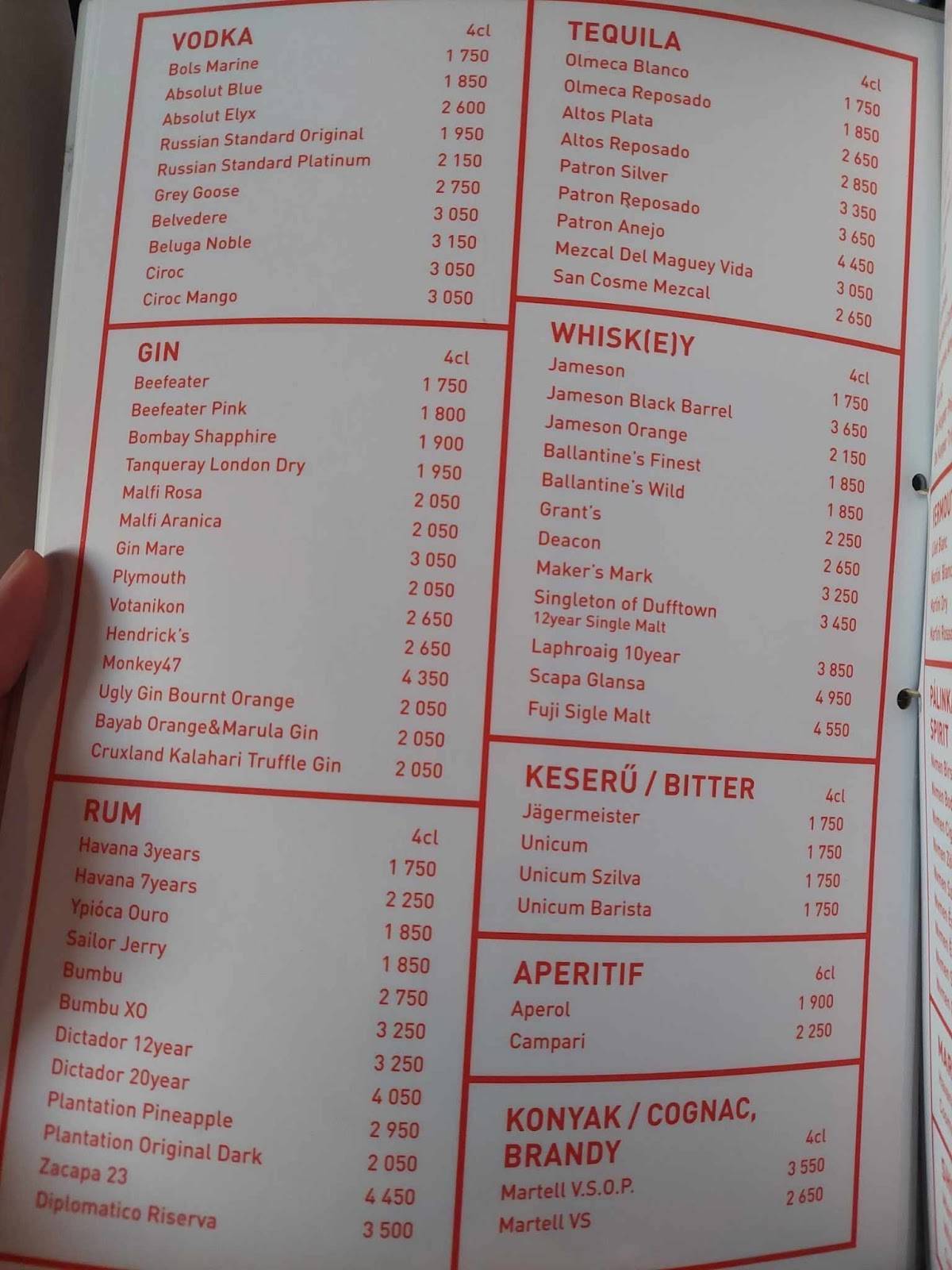 Menu at PONTOON pub & bar, Budapest