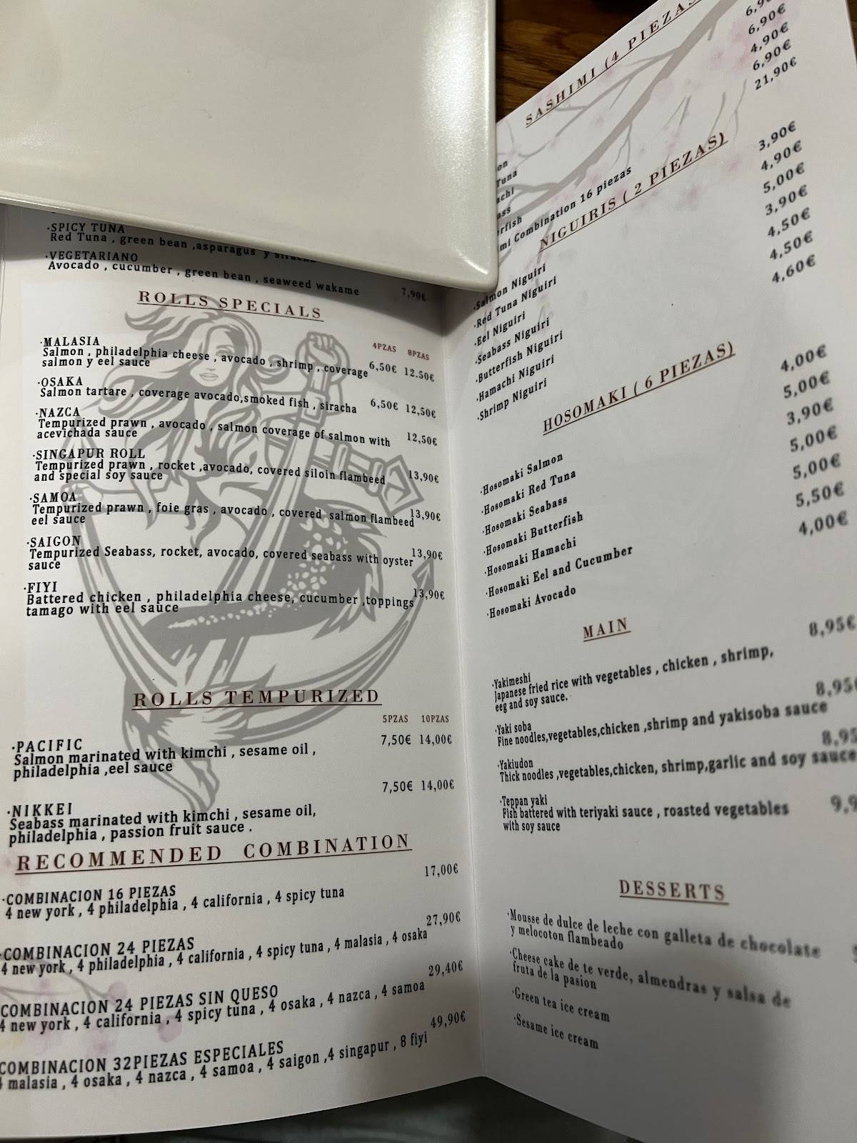 Carta de Pacific Nikkei Sushi Bar, Inca