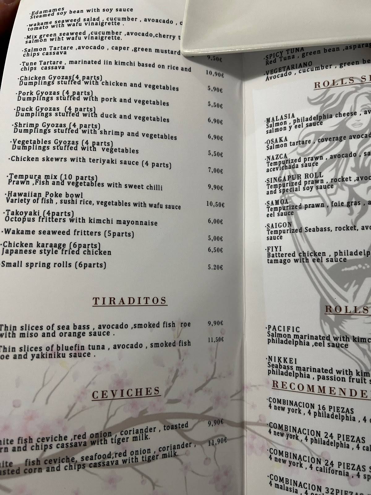 Carta de Pacific Nikkei Sushi Bar, Inca