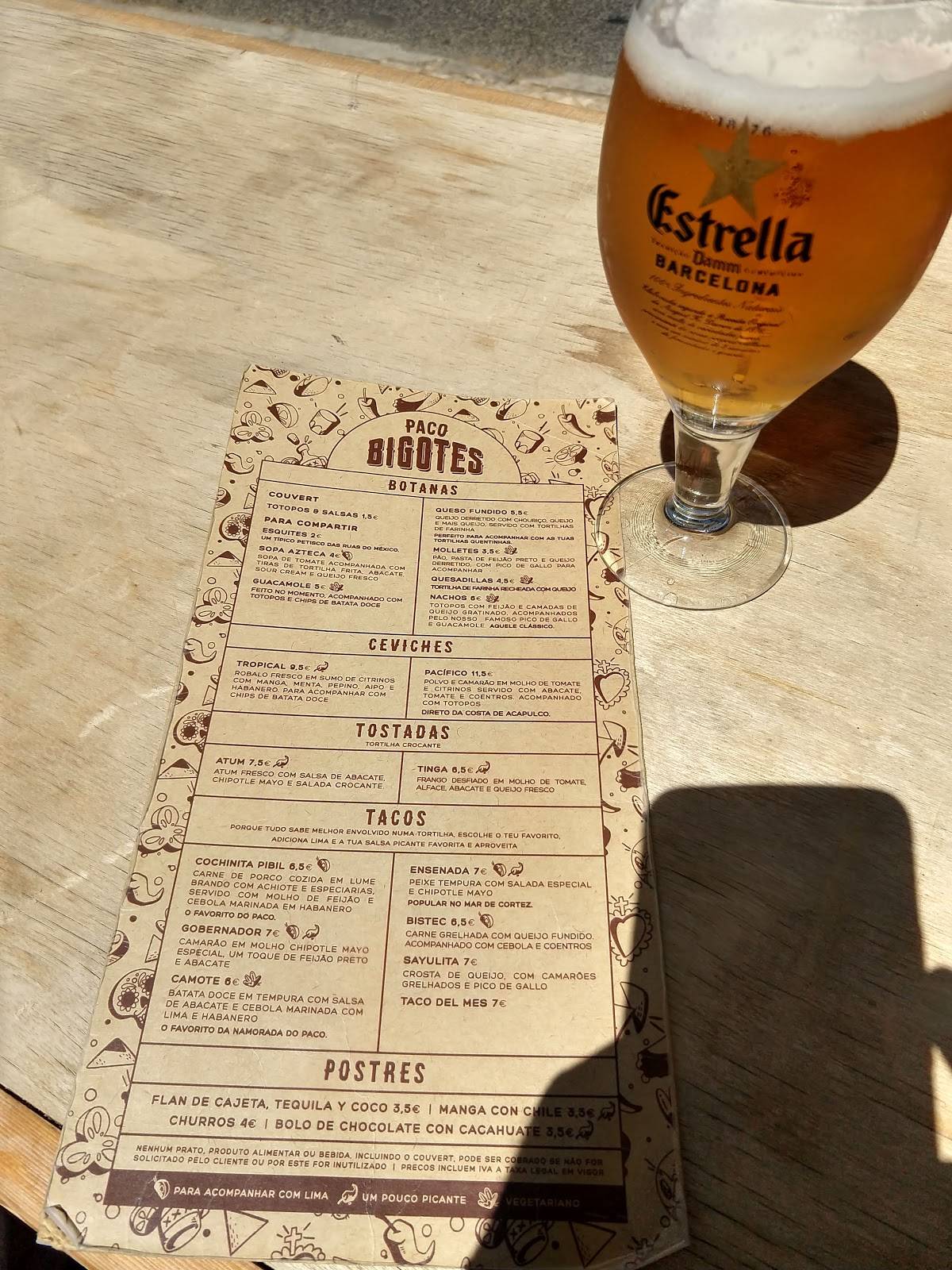 Menu at Paco Bigotes restaurant, Estoril