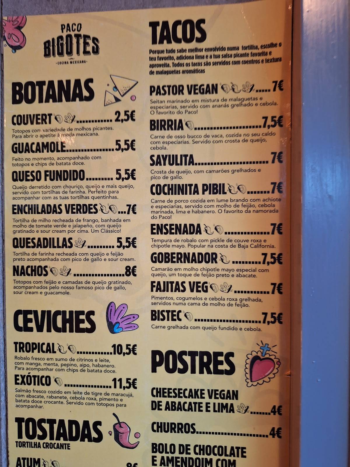 Menu at Paco Bigotes restaurant, Estoril