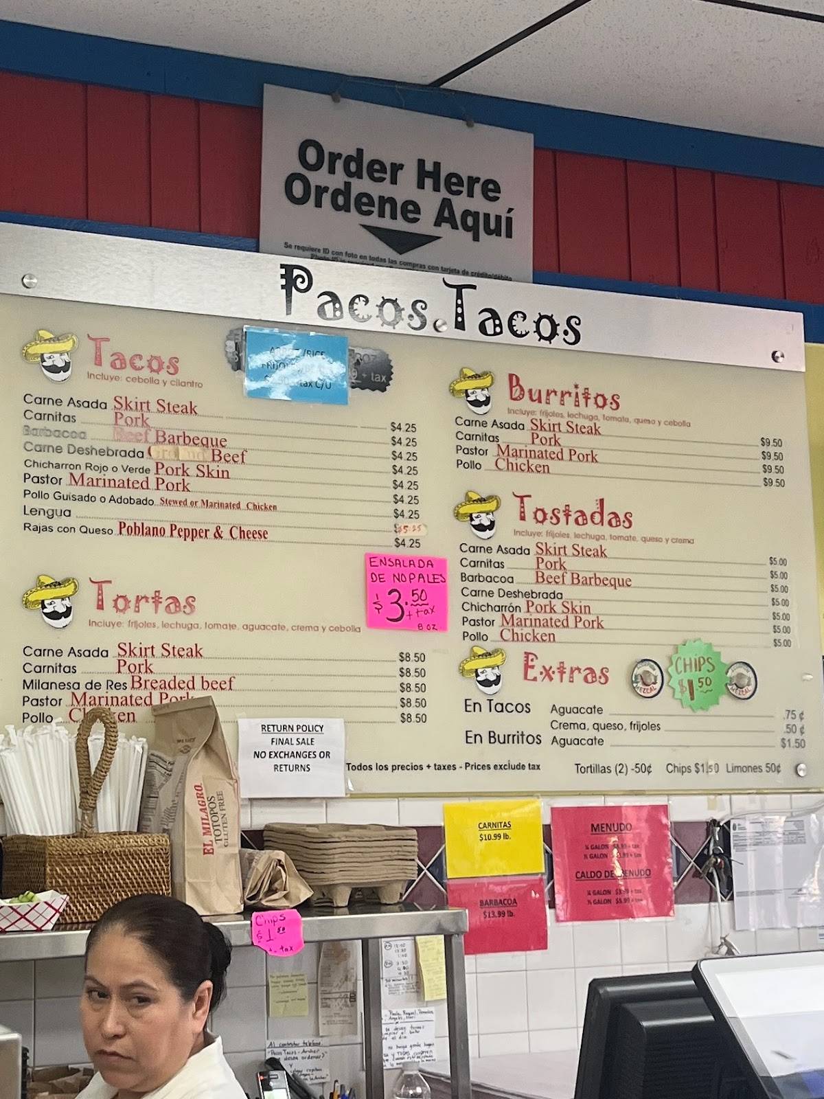 Menu at Paco's Tacos restaurant, Chicago, S Archer Ave
