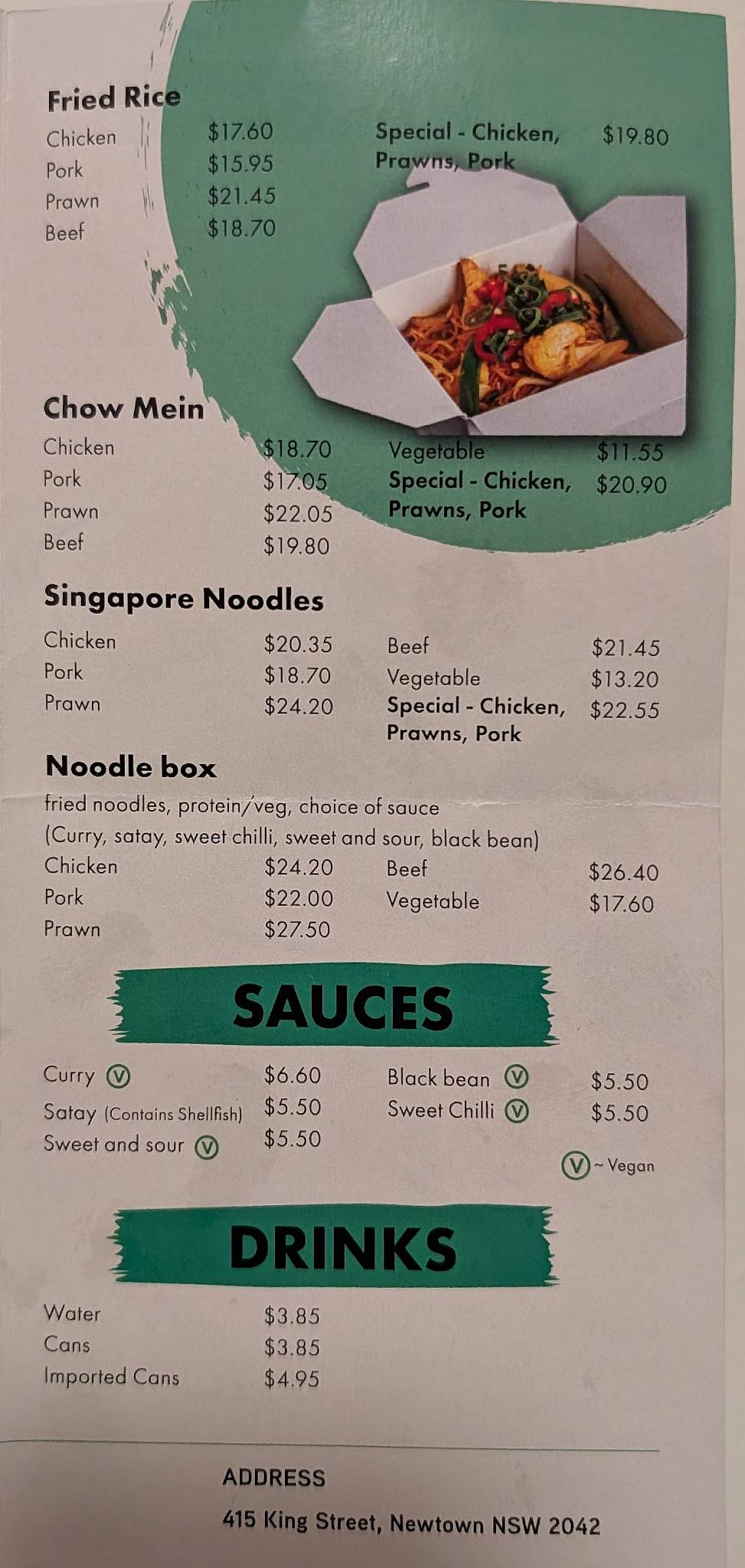Menu at Paddy Chans restaurant, Kensington