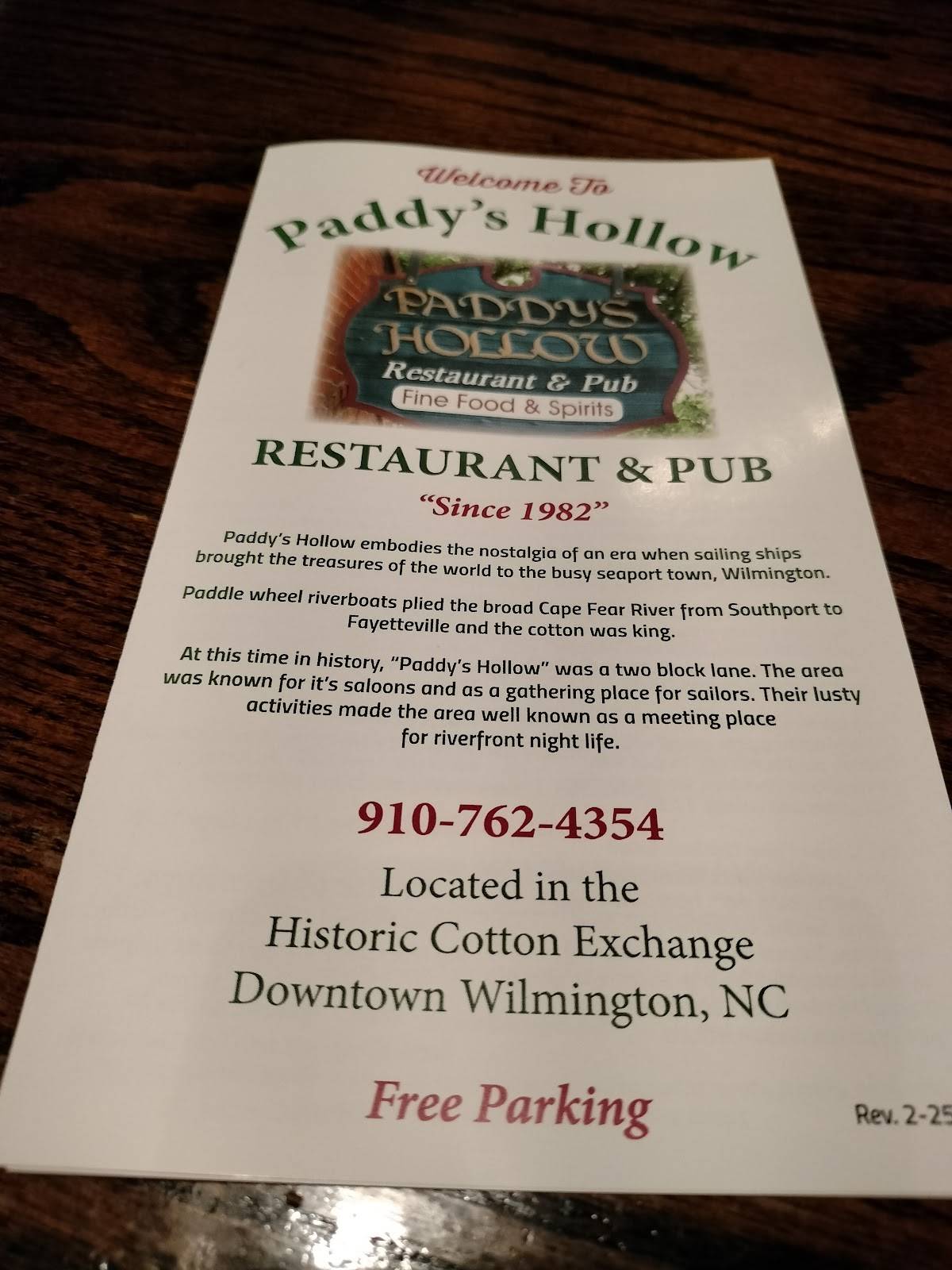 Menu at Paddy's Hollow Restaurant & Pub, Wilmington