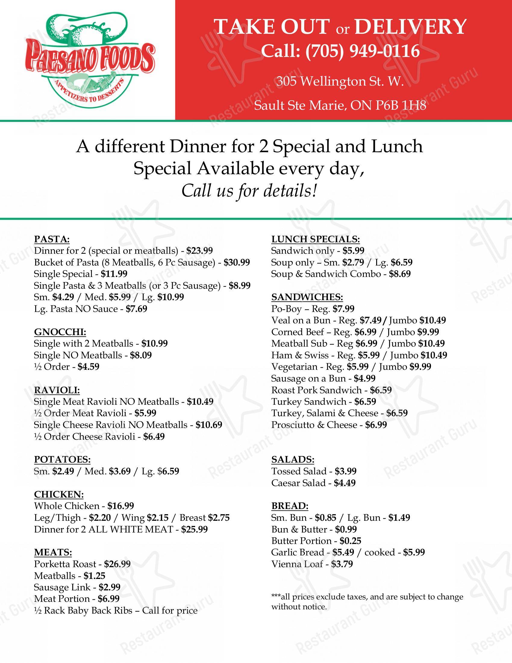 Menu at Paesano Foods restaurant, Sault Ste. Marie