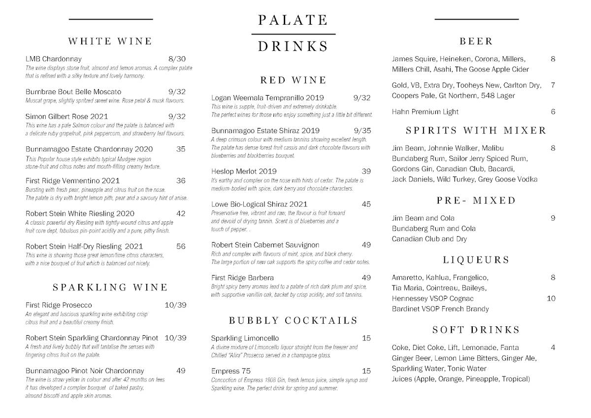 Menu at Palate Restaurant Mudgee, Mudgee