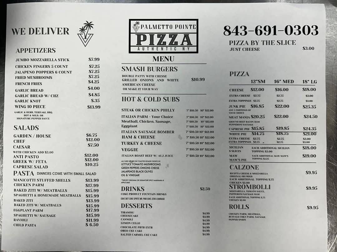Menu at Palmetto Pointe Pizza pizzeria, Myrtle Beach