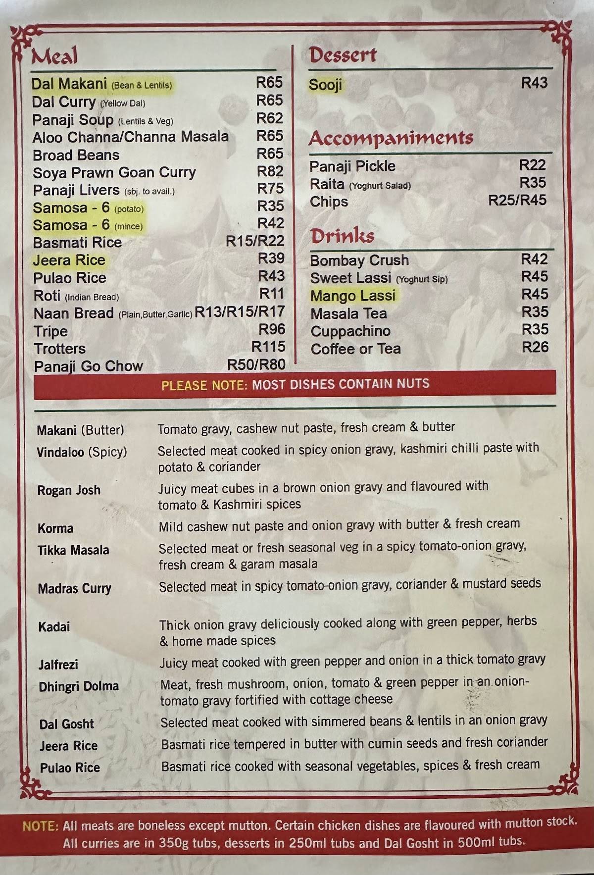 Menu at Panaji restaurant, Durban North, 68 Adelaide Tambo Dr