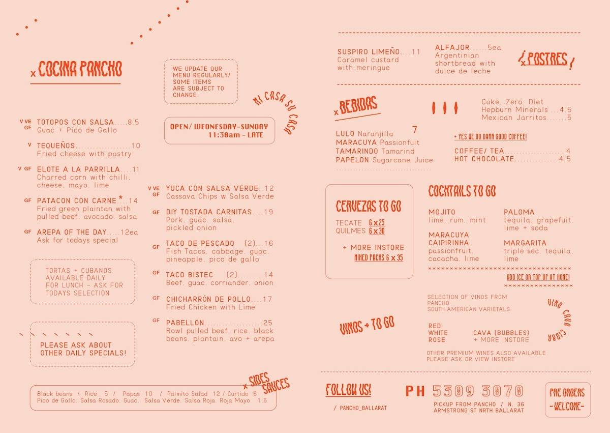 Menu at Pancho restaurant, Ballarat Central