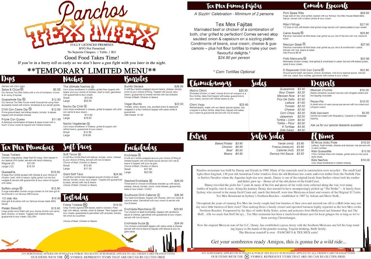 Menu at Hotel Panchos restaurant, Mudgeeraba