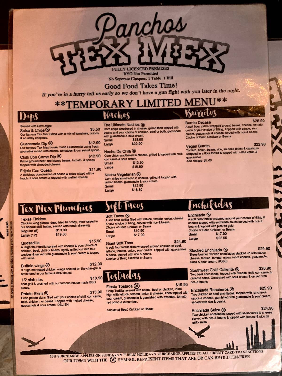 Menu at Hotel Panchos restaurant, Mudgeeraba