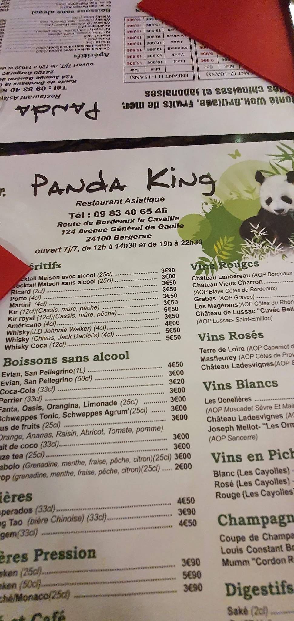 Menu at Panda King restaurant, Bergerac, Rte de Bordeaux