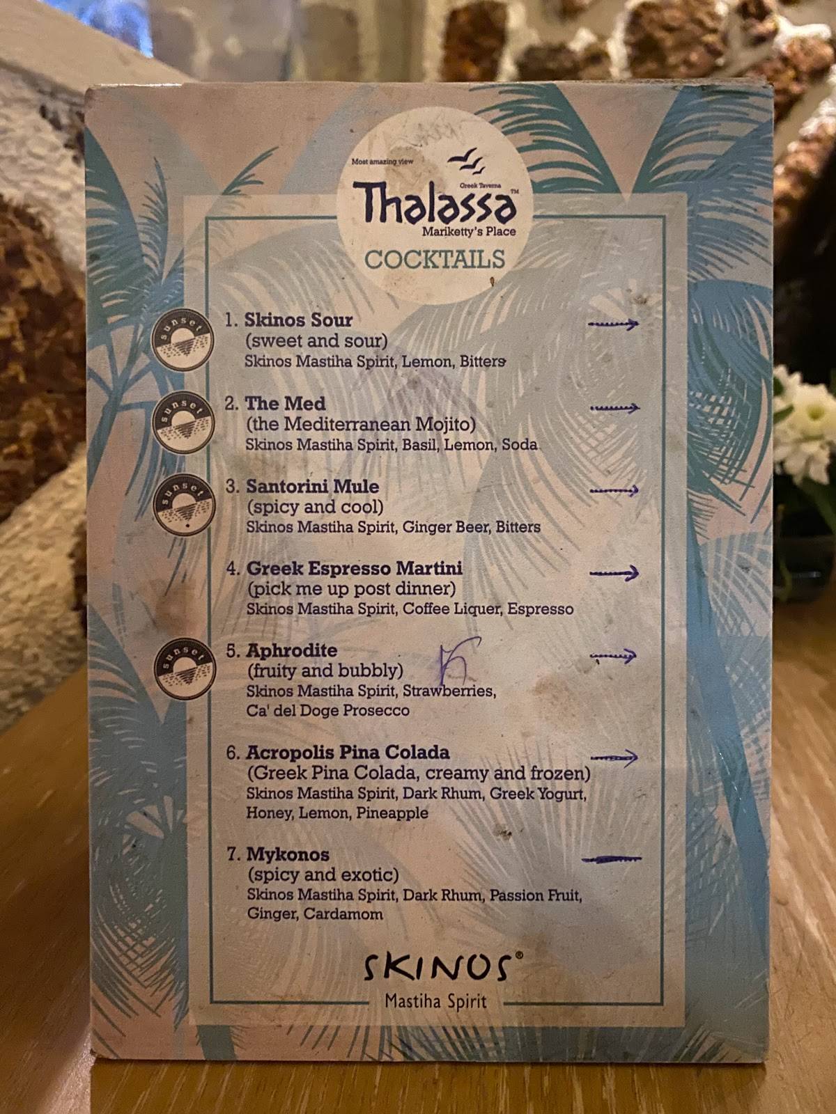 Menu at Thalassa Greek Taverna, Panaji
