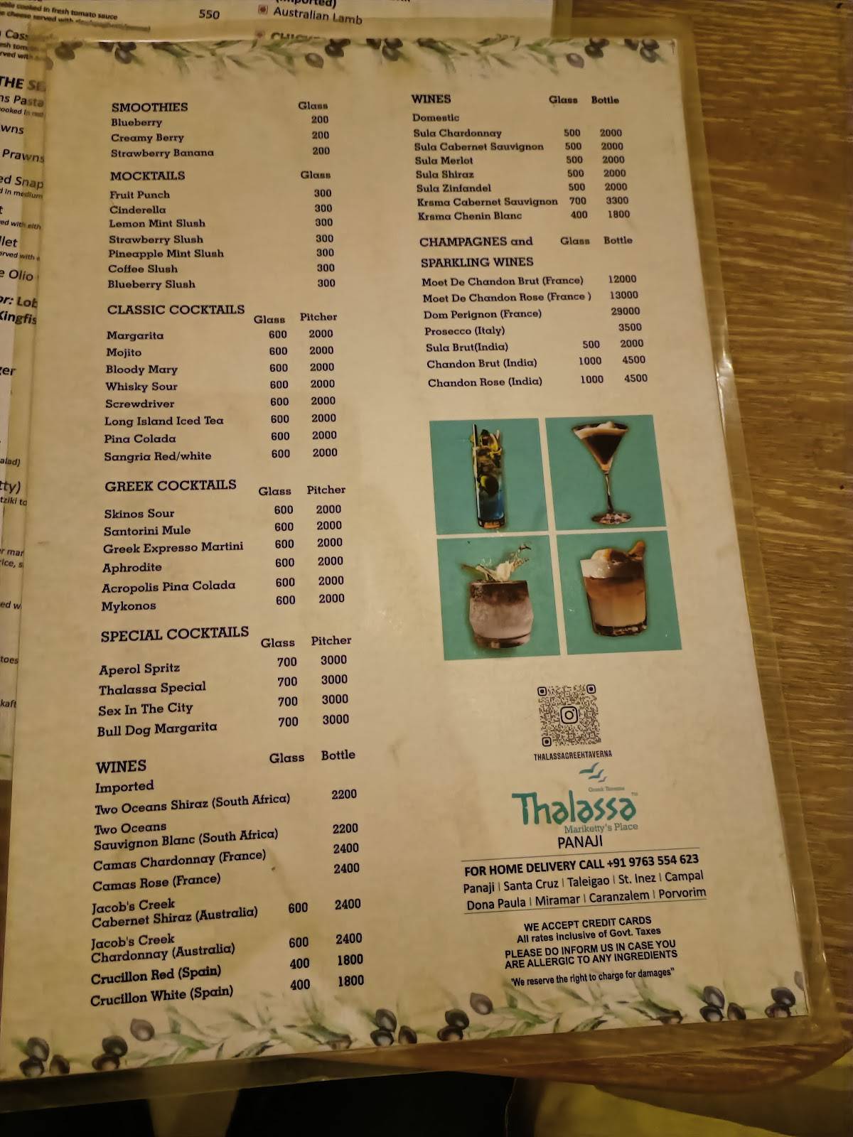 Menu at Thalassa Greek Taverna, Panaji