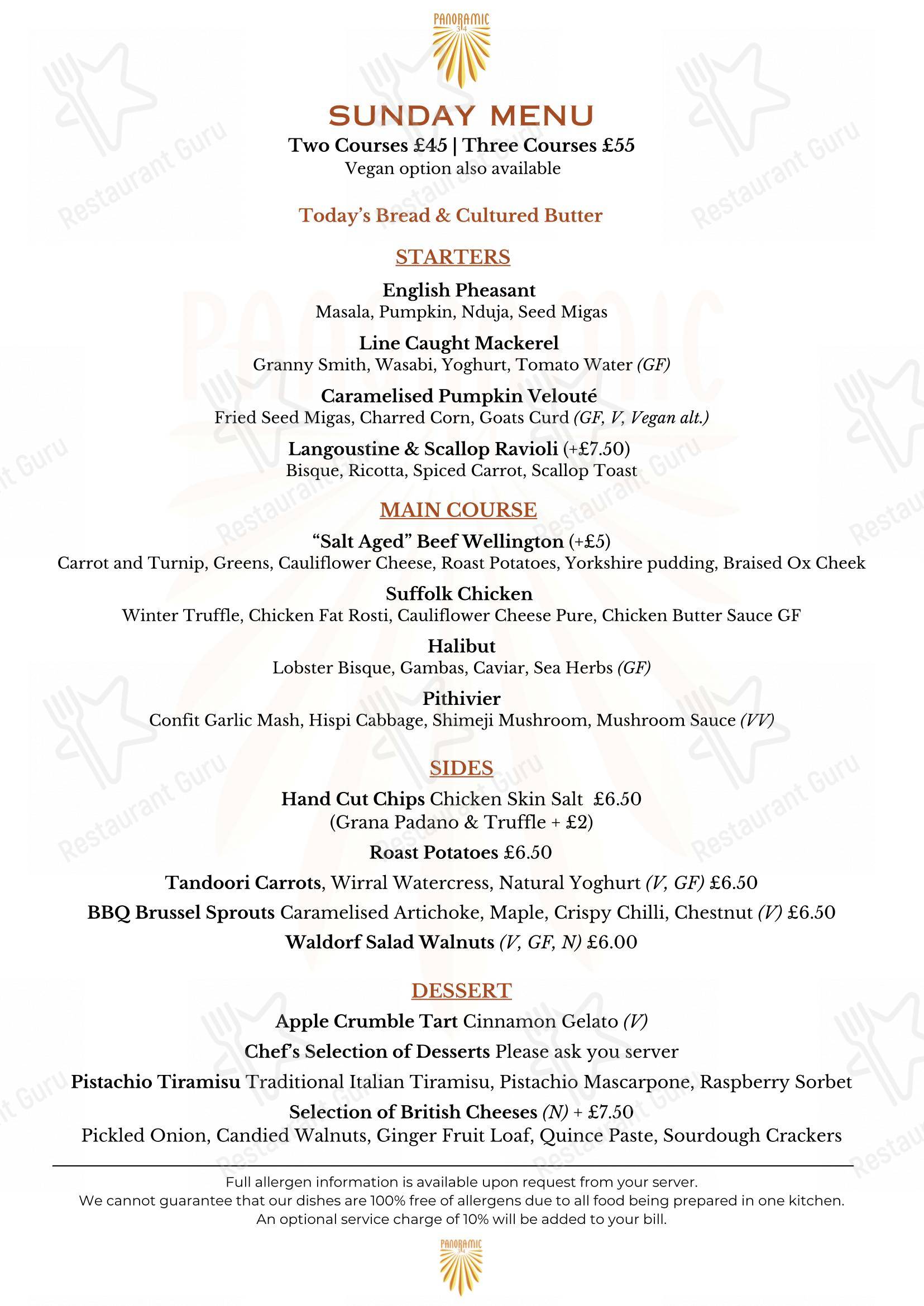 Menu at Panoramic 34 restaurant, Liverpool