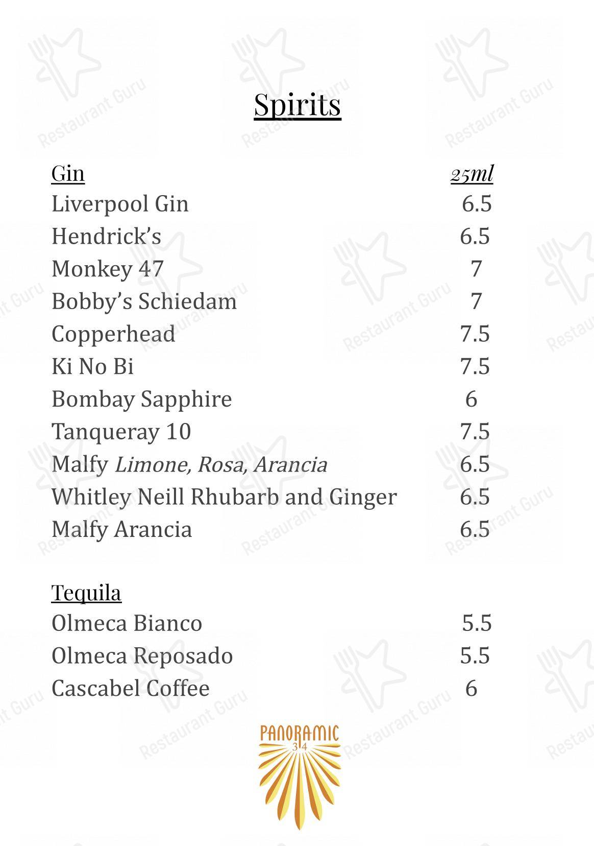 Menu at Panoramic 34 restaurant, Liverpool