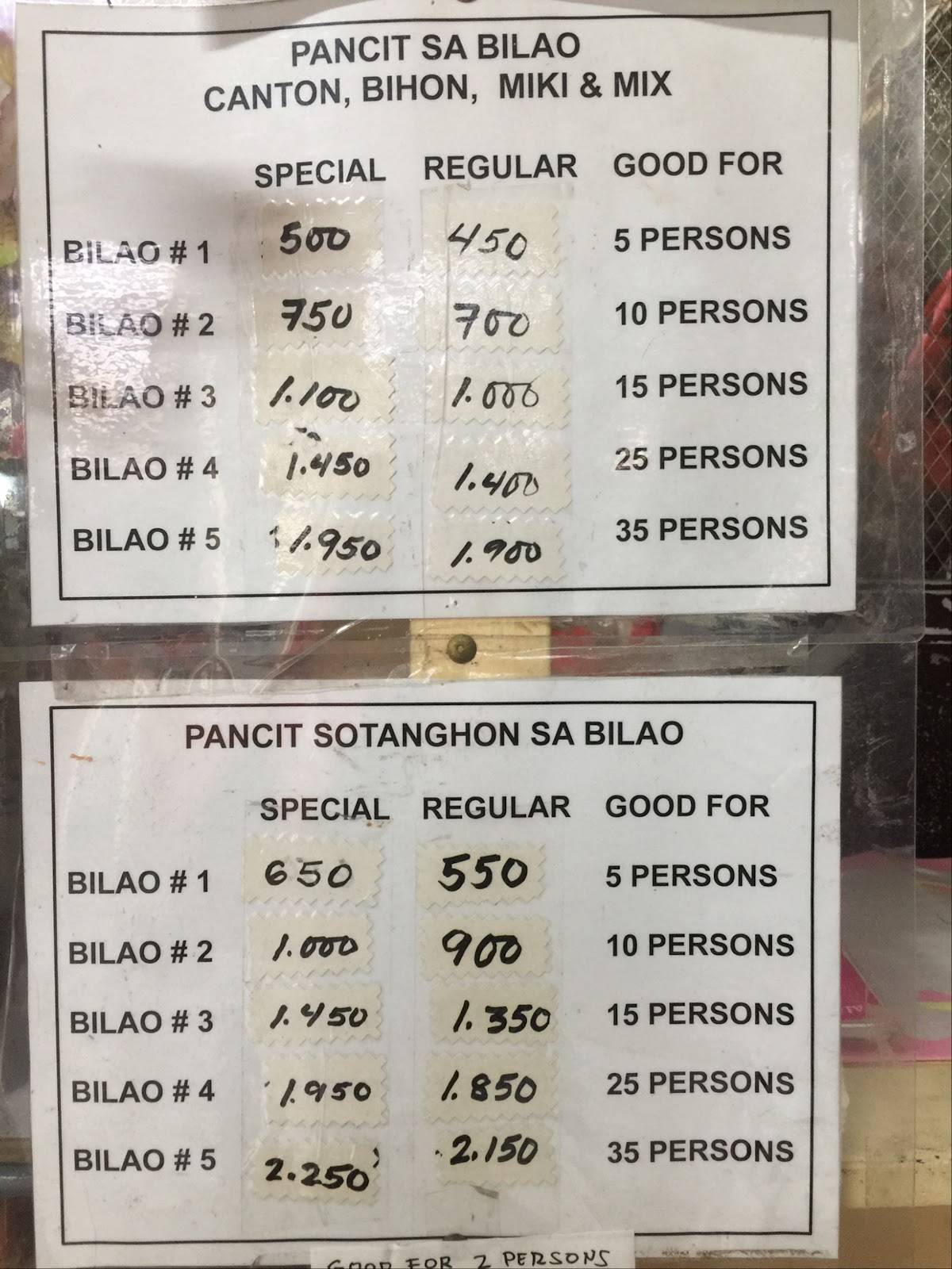 Menu at Pansiteria sa Project 6 restaurant, Quezon City
