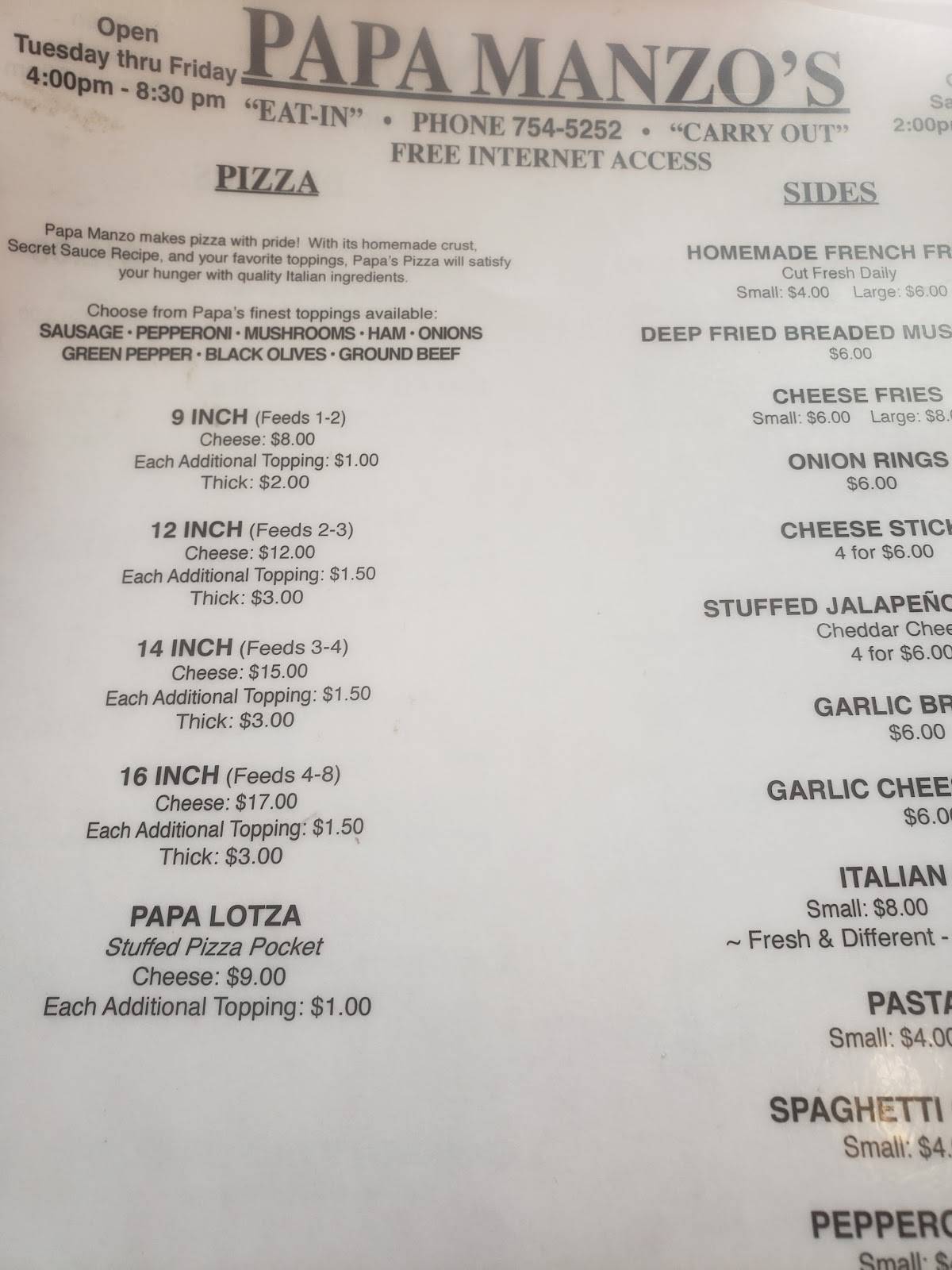 Menu at Papa Manzo's pizzeria, Central City