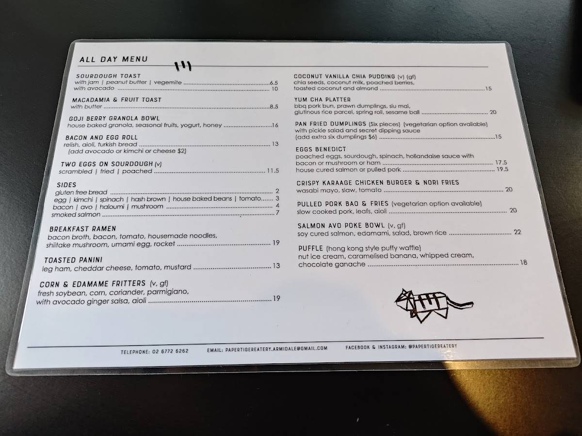Menu at Paper Tiger cafe, Armidale
