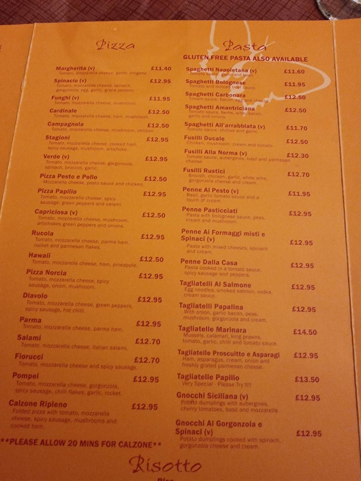 Menu at Papilio restaurant, Edinburgh
