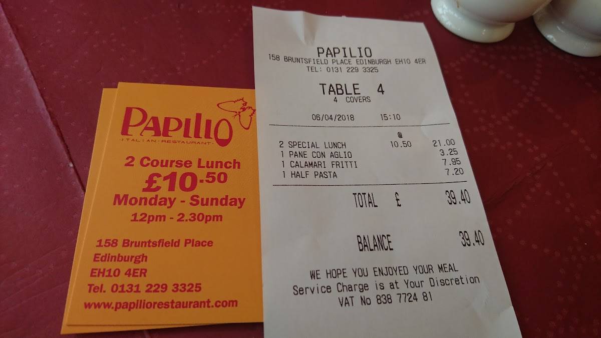 Menu at Papilio restaurant, Edinburgh