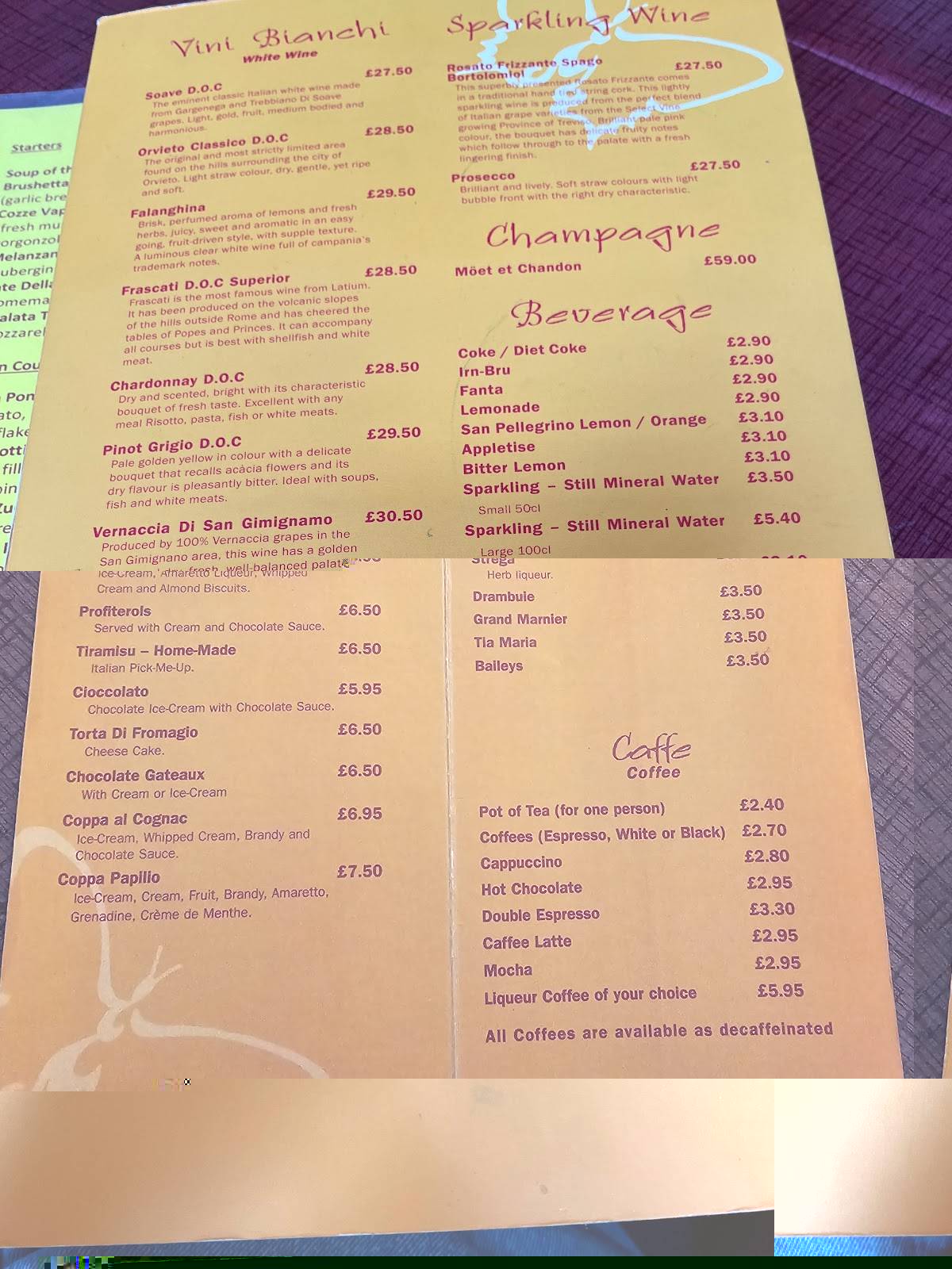 Menu at Papilio restaurant, Edinburgh
