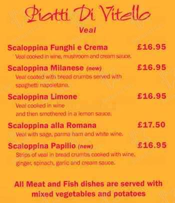 Menu at Papilio restaurant, Edinburgh