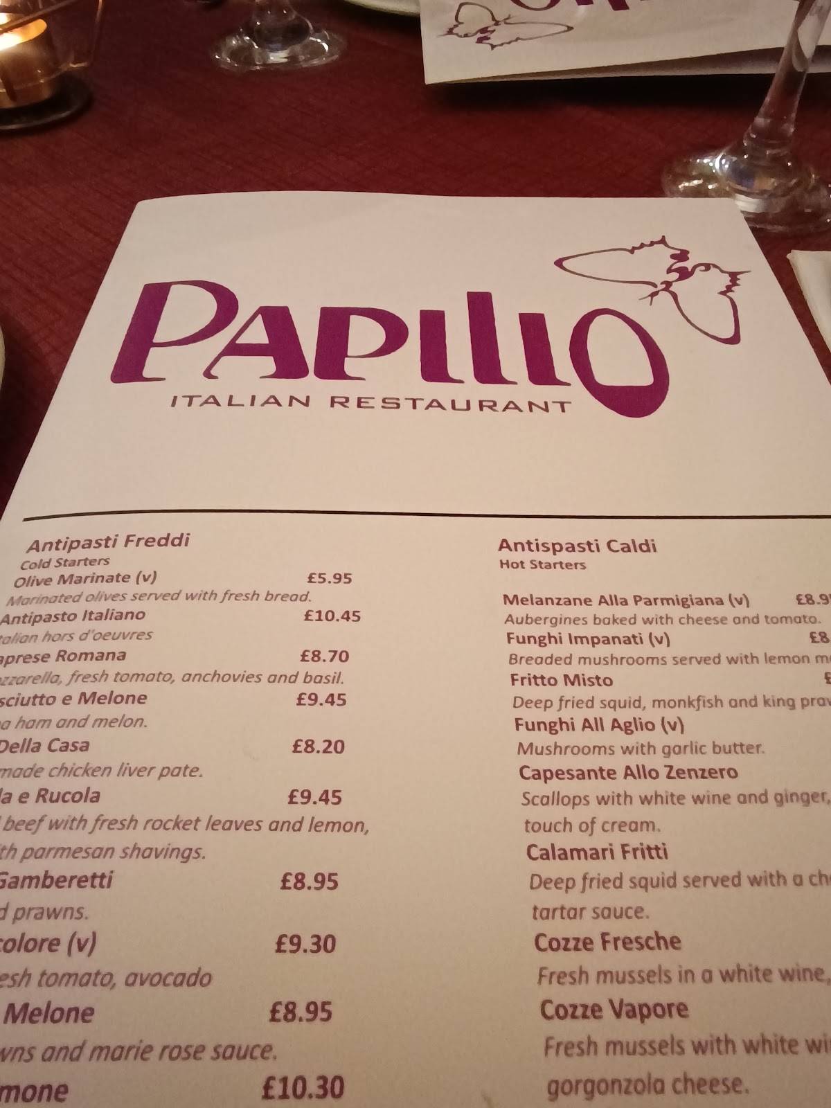 Menu at Papilio restaurant, Edinburgh