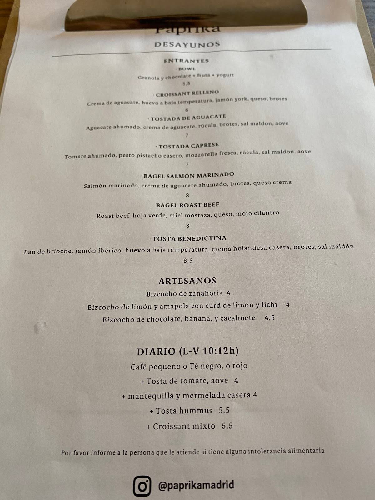 Carta del restaurante Paprika, Madrid