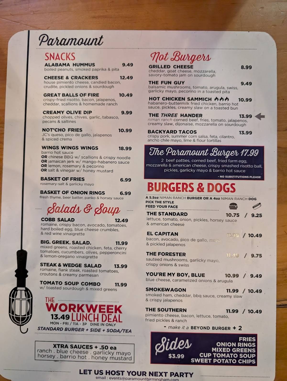 Menu at Paramount pub & bar, Birmingham